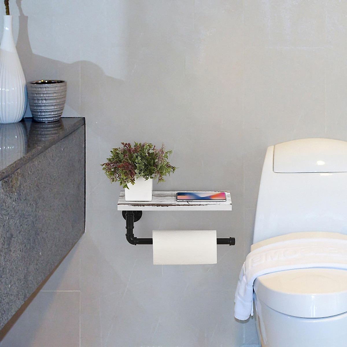 Paper Towel Holder with Shelf Rustic Toilet Paper Roll Holder Wall Mount Industrial Pipe Toilet Paper Holder with Wooden Shelf for Bathroom Washroom Kitchen