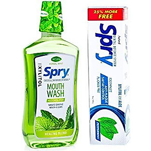 Spry Alcohol-Free Xylitol Mouthwash, Natural Herbal Mint, Healing Blend - 16 fl oz + Toothpaste, Fluoride-Free, Natural Peppermint, Anti-Plaque and Tartar Control, 5 oz (Bundle Pack)