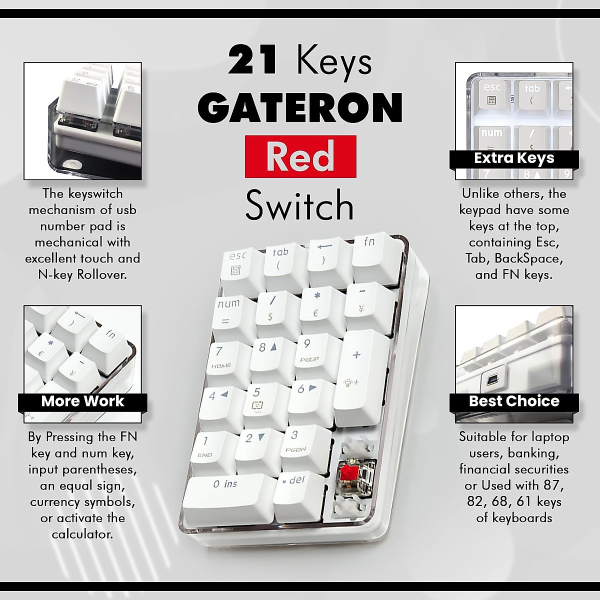 Qisan Mechanical Numeric Keypad GATERON Red Switch Wired Crystal Case White Backlit Gaming Keypad 21 Keys Mini Numpad Portable Mechanical Numpad Extended | Laptop Accessories | keypad for Computer