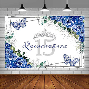 Sendy 7x5ft Quinceañera Backdrop Mis Quince 15 Anos Birthday Party Supplies for Girl Princess Royal Blue Floral Butterfly Silver Crown Photography Background Banner Photo Booth Studio Props
