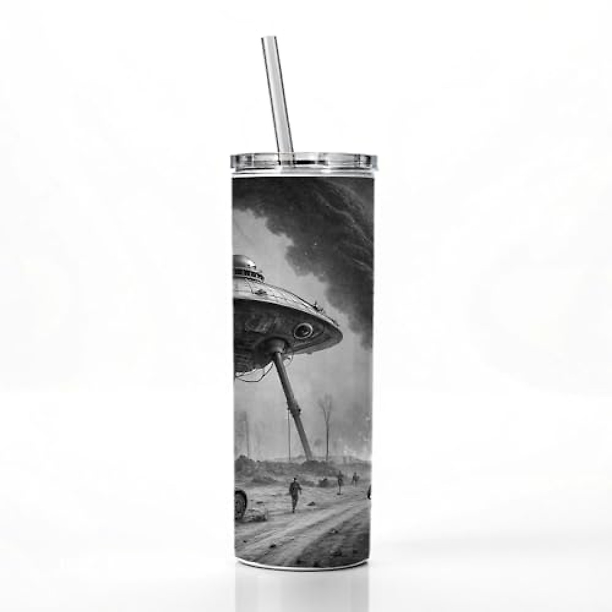 Martian Alien Invasion Tripod War Machine Retro Black and White Skinny Tumbler 20oz with Straw Insulated Water Bottle Gift