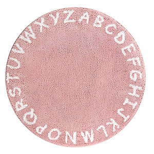 Lahome ABC Pink Round Rug for Girls Bedroom - 3ft Washable Small Classroom Rug Non Slip Alphabet Rug, Circle Nursery Rug for Kids Room, Cute Furry Plush Shaggy Crawling Play Mat for Children Toddlers