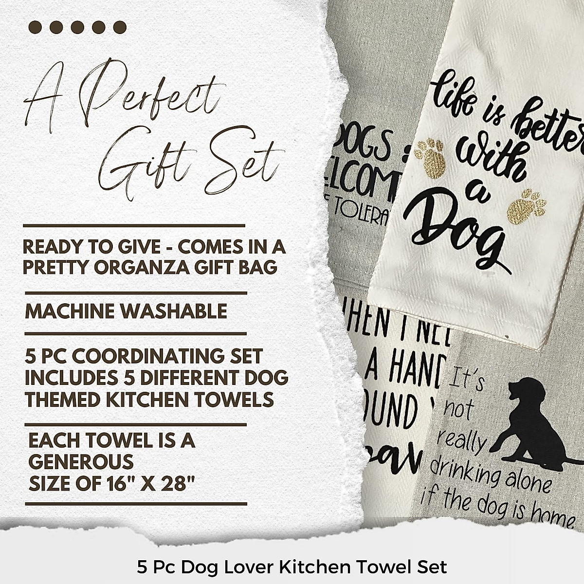 Twisted Anchor Trading Company Dog Kitchen Towels, Dog Gifts for Women - Set of of 5 - Comes in an Organza Gift Bag so It's Ready for Giving