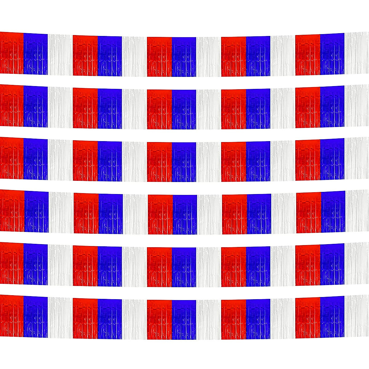 6 Pack 10 Feet White Blue Red Foil Fringe Garland Metallic Tinsel Streamers Banner Wall Hanging Fringe Backdrop Banner for Parade Floats Wedding Mardi Gras Birthday Independence Day Party Decoration