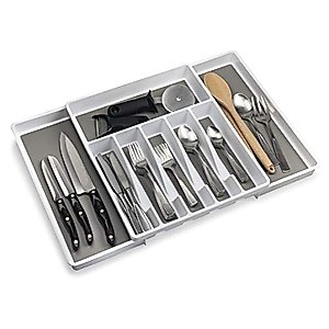 ELTOW Expandable In Drawer Silverware Organizer - Kitchen Storage Silverware Tray For Flatware – Cutlery Holder With 8 Compartments - Multipurpose Organizer Tray For Kitchen & Office Supplies - White