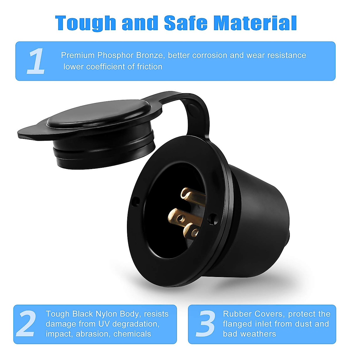 WAWETA 15 Amp Flanged Inlet 125V, Shore Power Inlet with Waterproof Cover, NEMA 5-15 AC Port Plug 2 Pole 3-Wire Generator Male Receptacle for Marine Boat RV Shed Electrical Extension