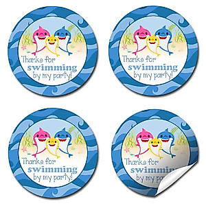 Little Shark Baby Aquatic Themed Birthday Thank You Sticker Labels for Kids, 40 2" Party Circle Stickers by AmandaCreation, Great for Party Favors, Envelope Seals & Goodie Bags