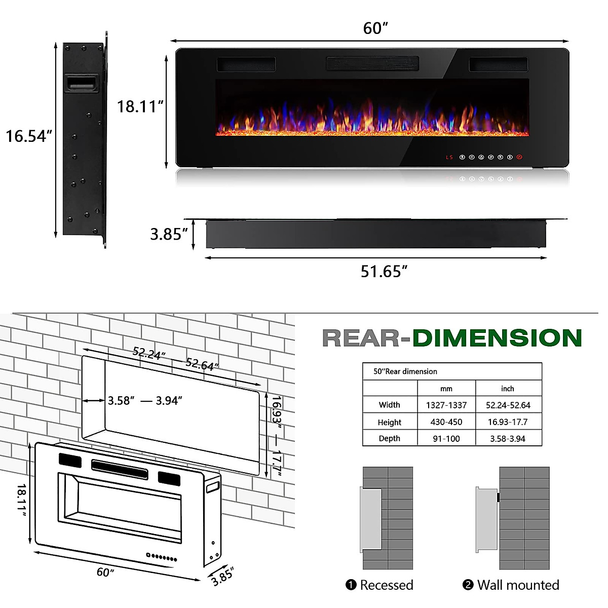 TAVATA 60" Recessed and Wall Mounted Electric Fireplace, Wall Fireplace Electric with Remote Control & Timer, Touch Screen, Adjustable Flame Color and Speed, 750w/1500w