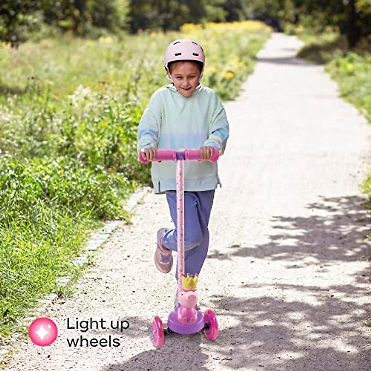Peppa Pig Kick Scooter for Kids, Self-Balancing 3 Wheeled Light Up Scooter with Extra Wide Anti-Slip Deck, Rear Brake, Lean to Steer, Lightweight Design, for Kids 3 and up, 75 LB Limit
