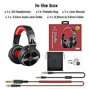 OneOdio Over Ear Headphone, Wired Bass Headsets with 50mm Driver, Foldable Lightweight Headphones with Shareport and Mic for Recording Monitoring Podcast Guitar PC TV - (Red)