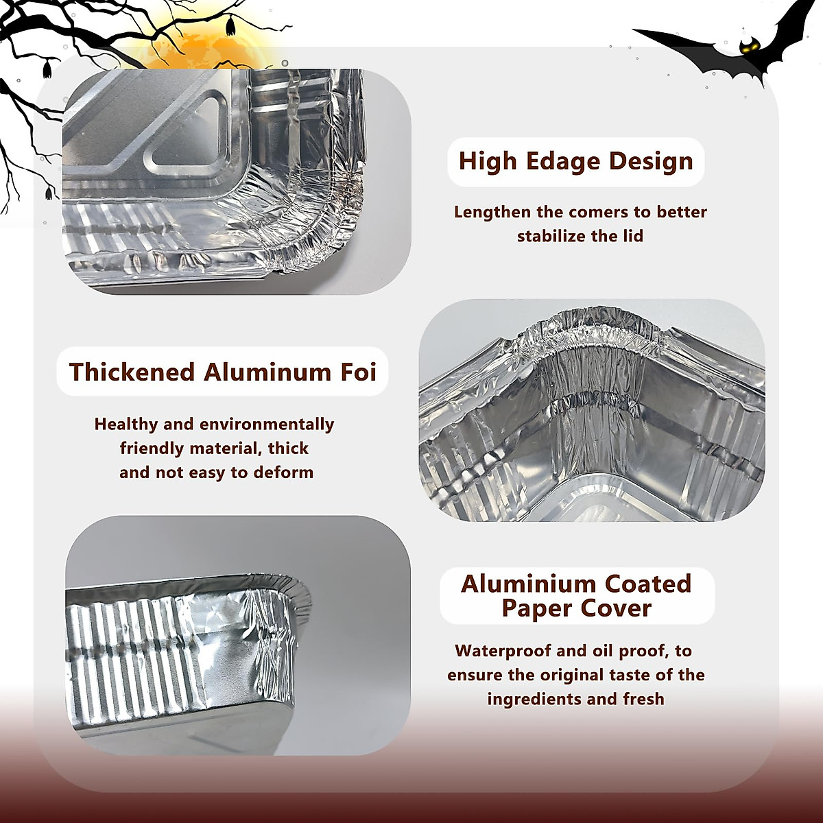 DTESL 50PCS Halloween Foil Containers with Lid, Halloween Leftover Containers trick or treat Disposable Aluminum Pans with Lids Aluminum Food Containers Storage for Baking, Halloween Party, Cooking