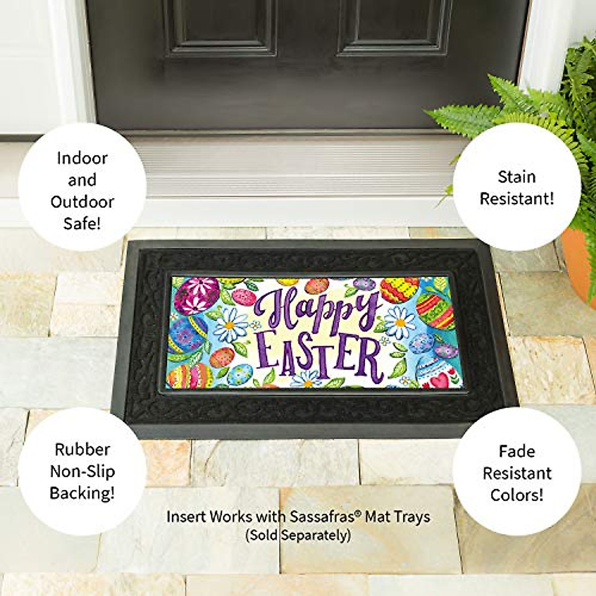 Evergreen Sassafras Happy Easter Eggs Interchangeable Entrance Doormat | Indoor and Outdoor | 22-inches x 10-inches | Non-Slip Backing | All-Season | Low Profile | Home Décor