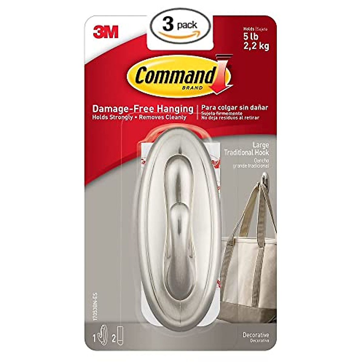 Command Traditional Large Plastic Hooks, Brushed Nickel, 3-Hook