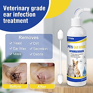 Ninibabie Ear Cleaning Solution for Dogs and Cats,Dog Ear Infection Treatment,Removes Wax and Odor with Pet Large Cotton Swabs 60pcs,Helps for Dog Ear Wash&Cat Ear Cleaner