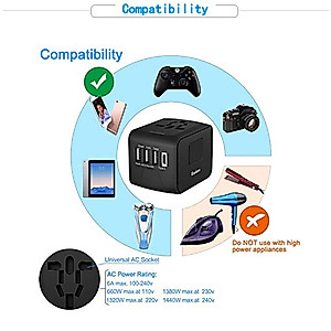 Universal Travel Adapter,All in One Universal Power Adapter for 150 Countries 3usb+Type C (Black)
