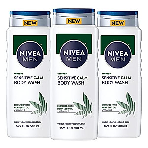 NIVEA MEN Sensitive Calm Body Wash with Vitamin E and Hemp Seed Oil, 3 Pack of 16.9 Fl Oz Bottles