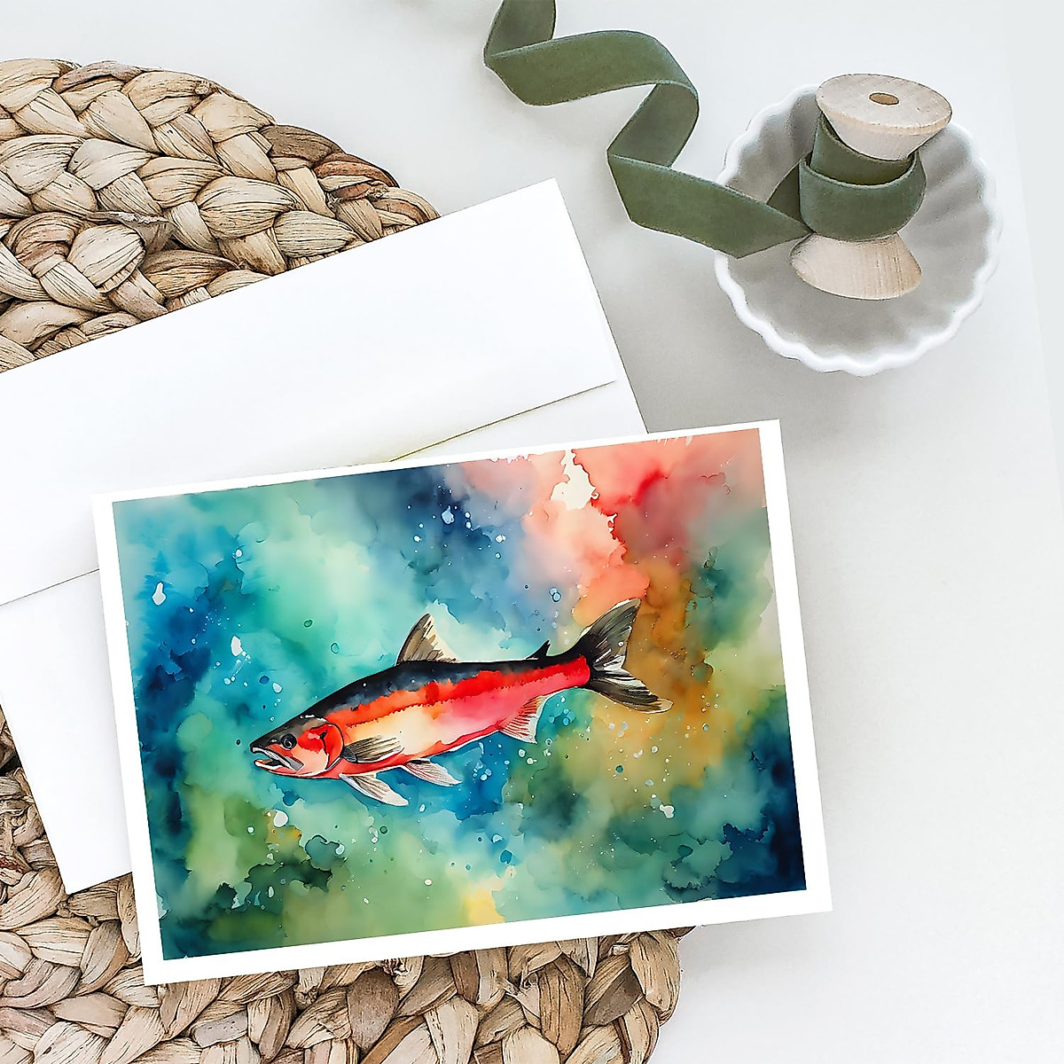 Caroline's Treasures DAC2817GCA7P Salmon Greeting Cards Pack of 8 Blank Cards with Envelopes Whimsical A7 Size 5x7 Blank Note Cards