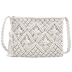 Meyaus Women Small Fringed Cotton Crochet Cross-body Shoulder Bag Bohemian Beach Travel Purse