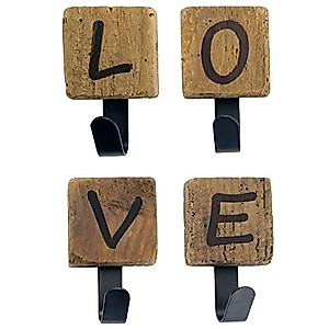 EXCELLO GLOBAL PRODUCTS 4 Coat Hooks: Love Farmhouse Solid Wood with Painted Letters and Steel Hooks. Ready to Mount on Wall.