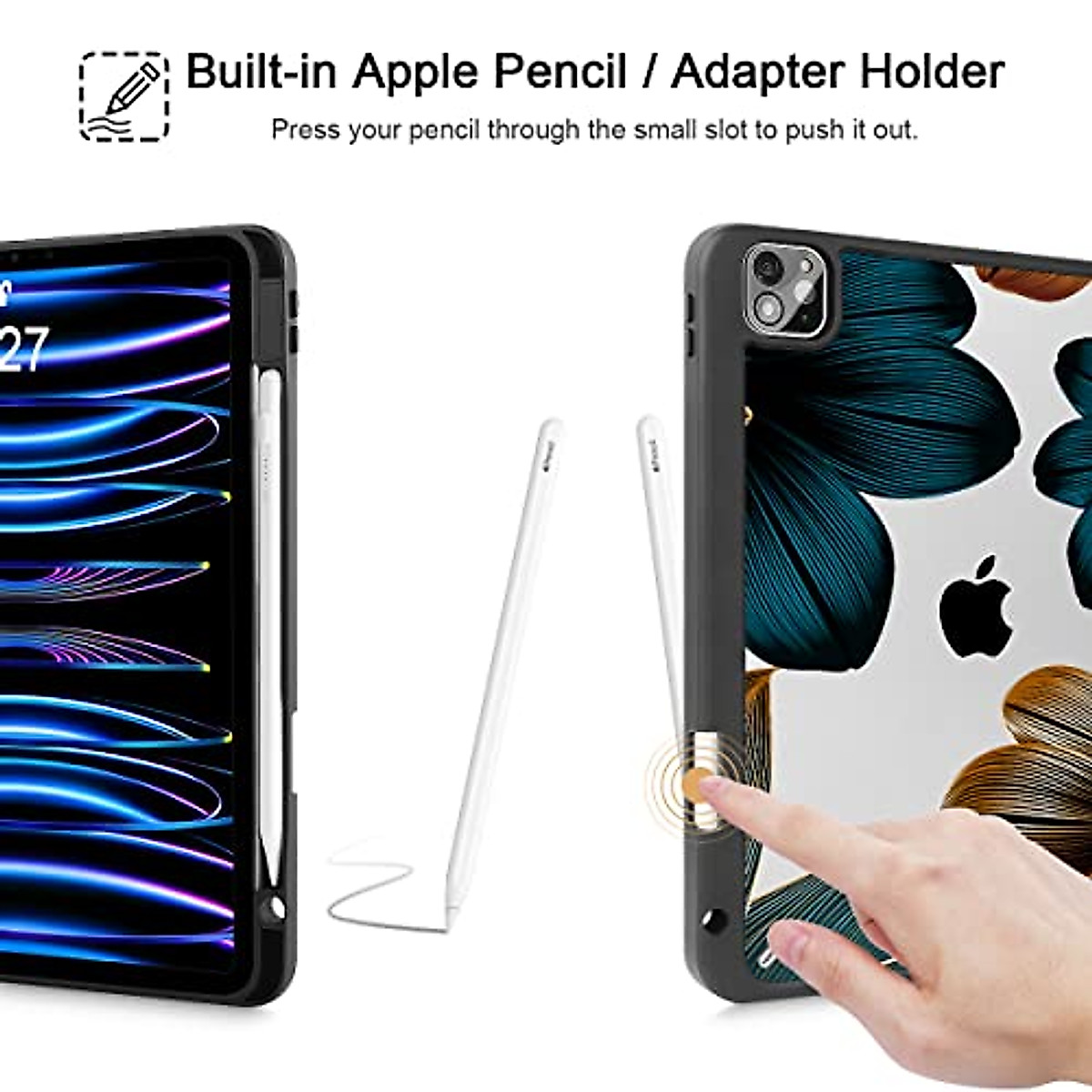 Lepeoac Designed for iPad Pro 12.9 Inch (2022/2021/2020/2018, 6th/5th/4th/3st Generation) with Transparent Shockproof Back Cover [Built-in Pencil Holder] Auto Sleep/Wake, Luxury Leaves