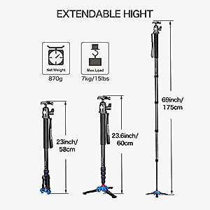 koolehaoda Camera Aluminum Monopod with Three Feet Stand Support Base & K-09 Ballhead for DSLR Camera Canon Nikon. Extended Max Height: 69-inch.