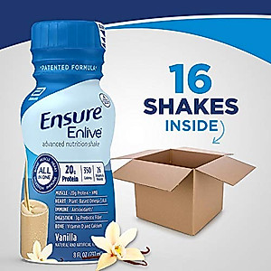 Ensure Enlive Meal Replacement Shake, 20g Protein, 350 Calories, Advanced Nutrition Protein Shake, Vanilla, 8 Fl Oz (Pack of 16)