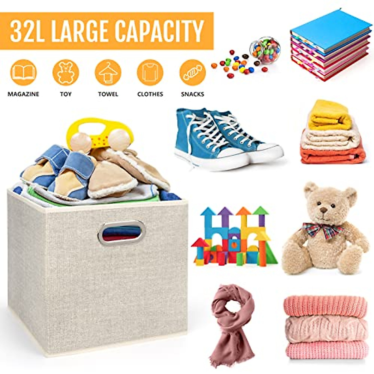 BiSiViO 13 Inch Fabric Cube Organizer, Foldable Cube Storage Bins Basket, Closet Organizers Box, Home Organizers with Handle for Shelves, Closet, Kallax, Office, 2 Packs (Beige)