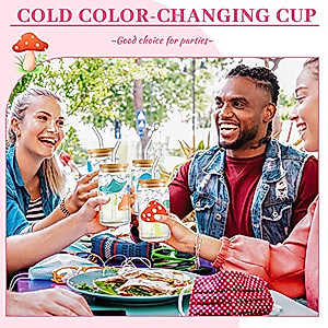 Vesici 6 Pack Color Changing Glasses with Bamboo Lid and Glass Straw Drinking Glasses Mushroom Can Shaped Glass Cups 16 oz Beer Glasses Tumbler Cup Reusable Glass Drinking Straws for Juice Milk Water