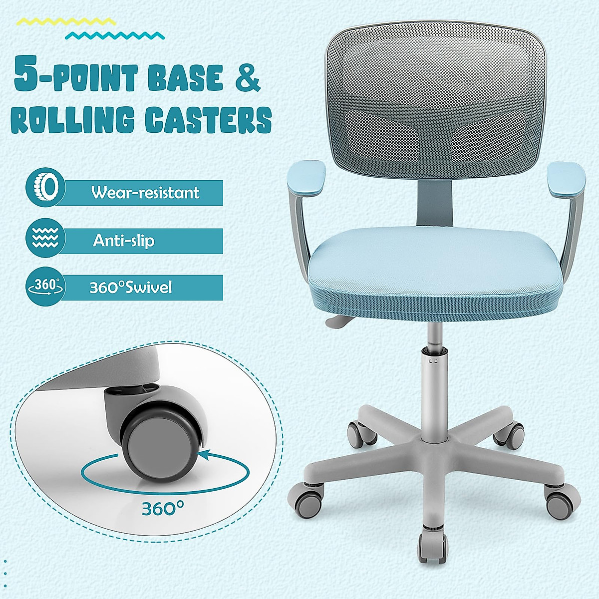 HONEY JOY Kids Desk Chair, Height Adjustable Children Study Chair, Swivel Mesh Task Student Chair, Universal Casters, Child Computer Desk Chair for Boys Girls Age 3-10 (Blue)