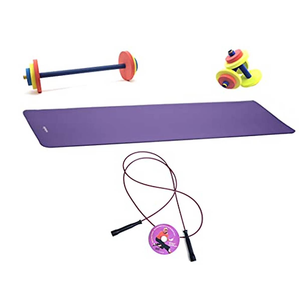 Fun & Fitness for Kids® Complete Fitness Set, Dumbbells, Barbell Set, Foam Yoga Mat, Adjustable Jump Rope, Jump Rope Trainer Video