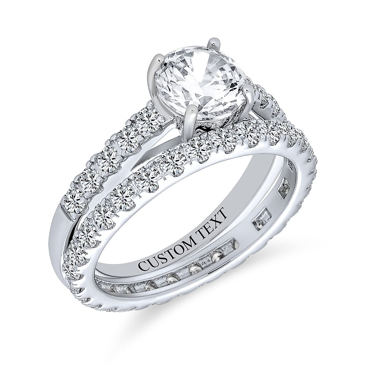 1CT Brilliant Cubic Zirconia Round Princess Cut Solitaire Cathedral Setting Thin Eternity Pave Band AAA CZ Anniversary Engagement Wedding Ring Set .925 Sterling Silver Size 7