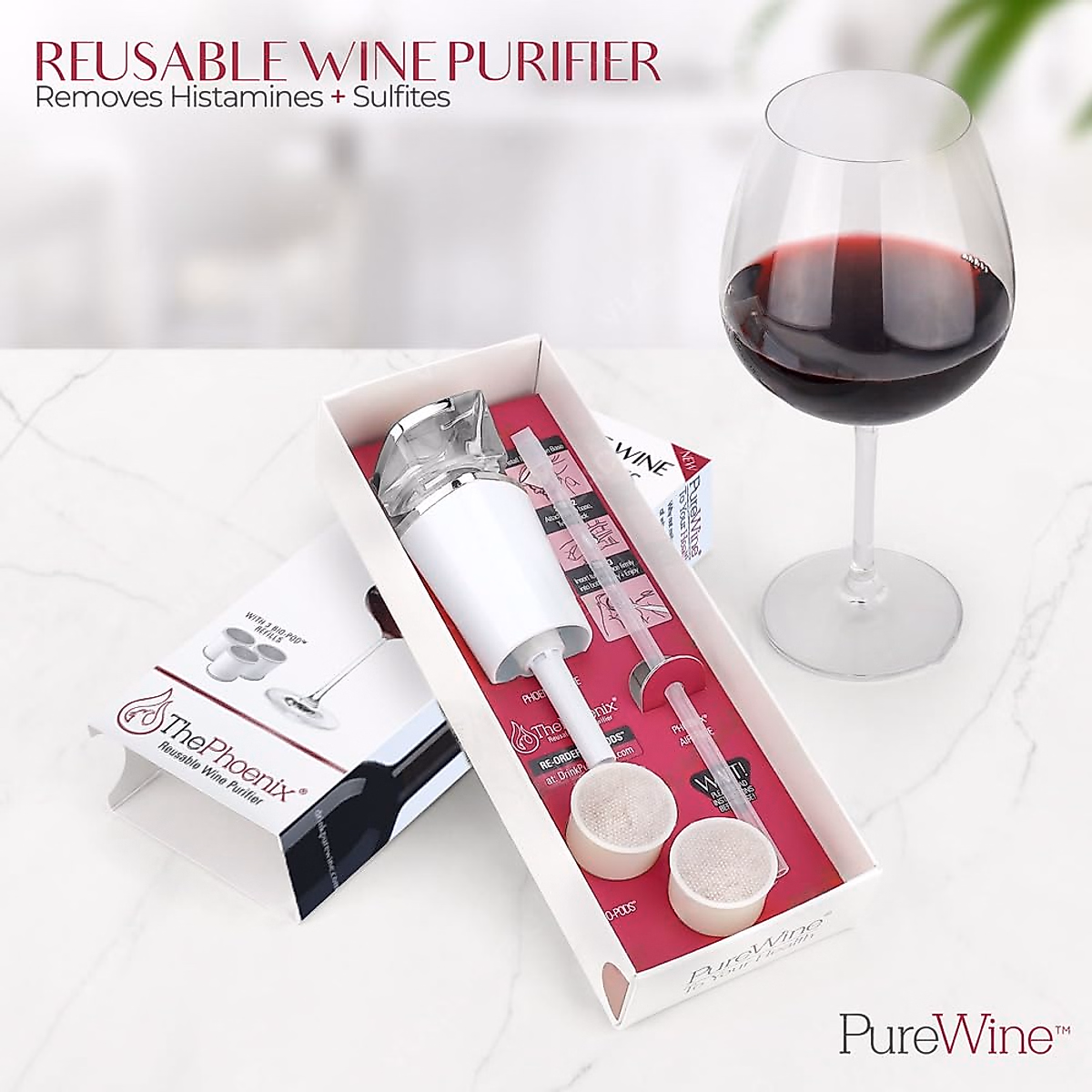 PureWine Phoenix Wine Purifier Removes Histamines & Sulfites, Reusable Wine Filter Aerates & Restores Taste - Starter Kit
