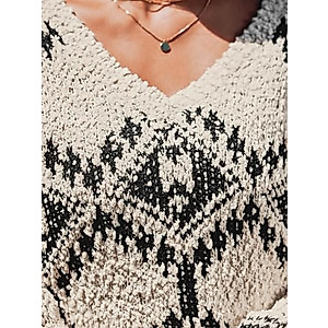 CUPSHE Women's V Neck Chenille Knit Fall Sweaters Pullover with Ribbed Trim Long Sleeves Beige
