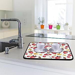 Strawberries Cute Cherry Fruit Drying Mat for Kitchen Art Dishes Pad Dish Drainer Rack Mats Absorbent Fast Dry Kitchen Accessories (18''x24'')