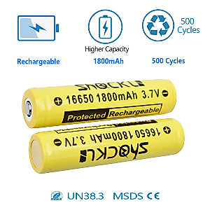 funkawa (2- Pack) Shockli 16650 1800mAh Rechargeable 3.7V Batteries[ Replacement for 2 x CR123 ] - Protected Battery