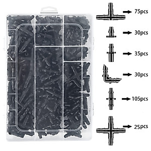 Unoutur 300 Pcs Barbed Connectors Drip Irrigation Fittings Kit, 1/4" Drip Irrigation Kit for Garden Flower Pot Greenhouse Lawn (Straight Barbs,Single Barbs,Tees,Elbows,End Plug,4-Way Coupling)
