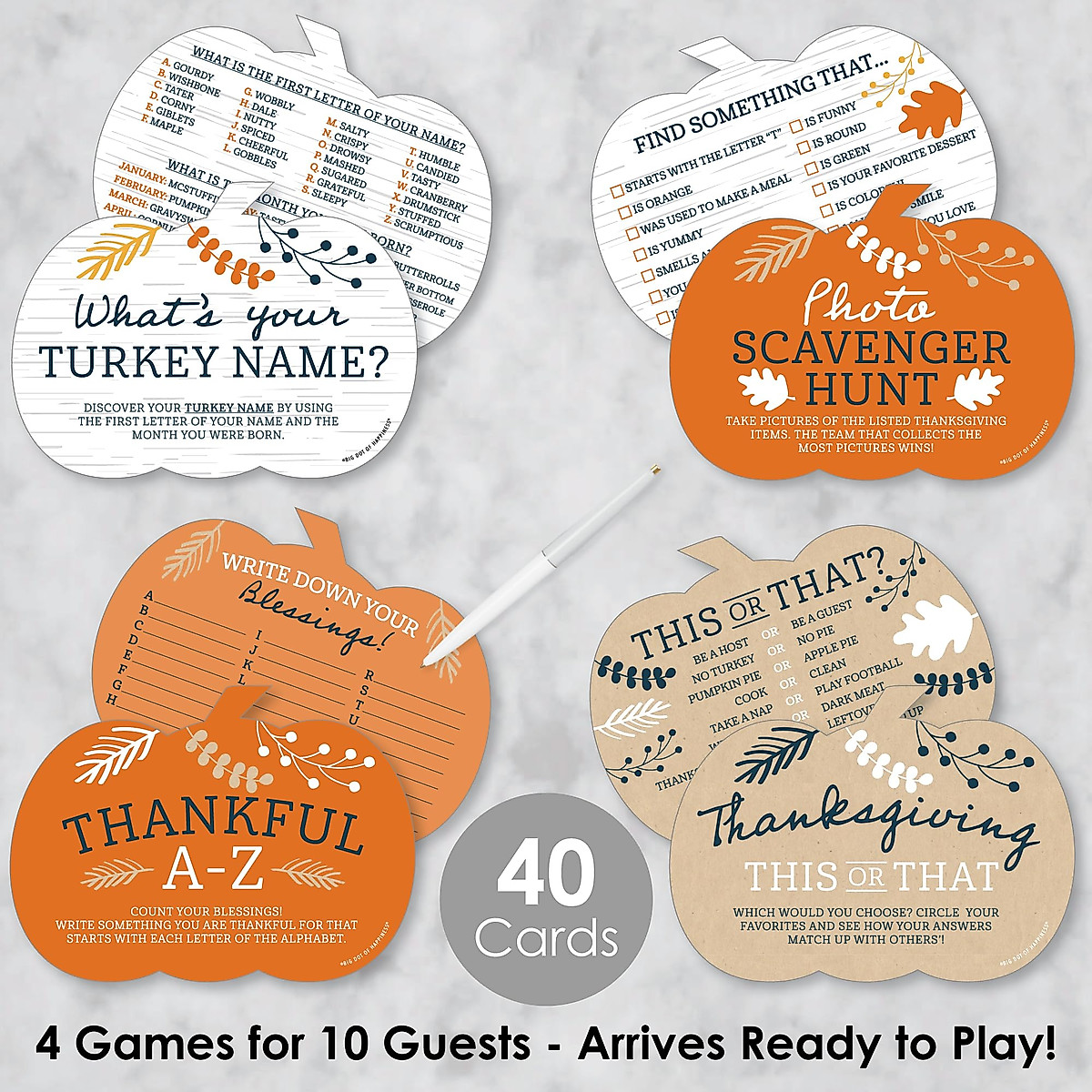 Big Dot of Happiness Happy Thanksgiving Games, Fun Thanksgiving Games for Family, Thanksgiving Games for Kids, 4 Fall Harvest Party Games, 10 Cards Each, Gamerific Bundle