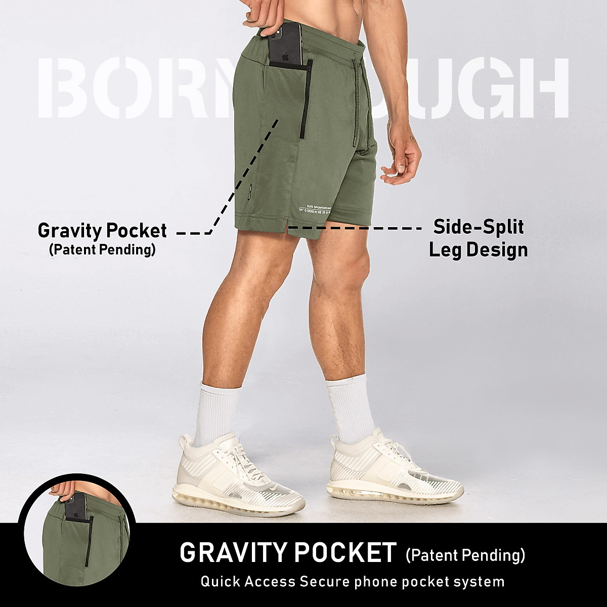 Born Tough 9 Inch Inseam Men’s Gym Workout Shorts, Athletic Bodybuilding Shorts for Men with Zipper Pockets & Waist Loop (as1, alpha, l, regular, regular, Military Green)