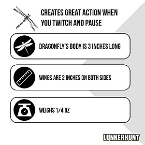 Lunkerhunt Dragonfly Fishing Lures | Most Realistic Weedless Bass Fishing Lure | Great Top Water Bass Fishing Lure with Double Skirted Wings | Perfect for Bass, Trouth and Pike, Weedless Bait