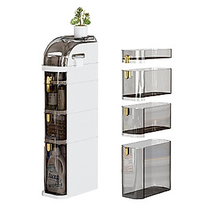 tonchean 4-Tier Bathroom Organizers and Storage,Plastic Narrow Slim Storage Cabinet with Clear Drawers Bathroom Floor Cabinet Towel Organizer Rolling Cart with Wheels for Small Space Gap Living Room