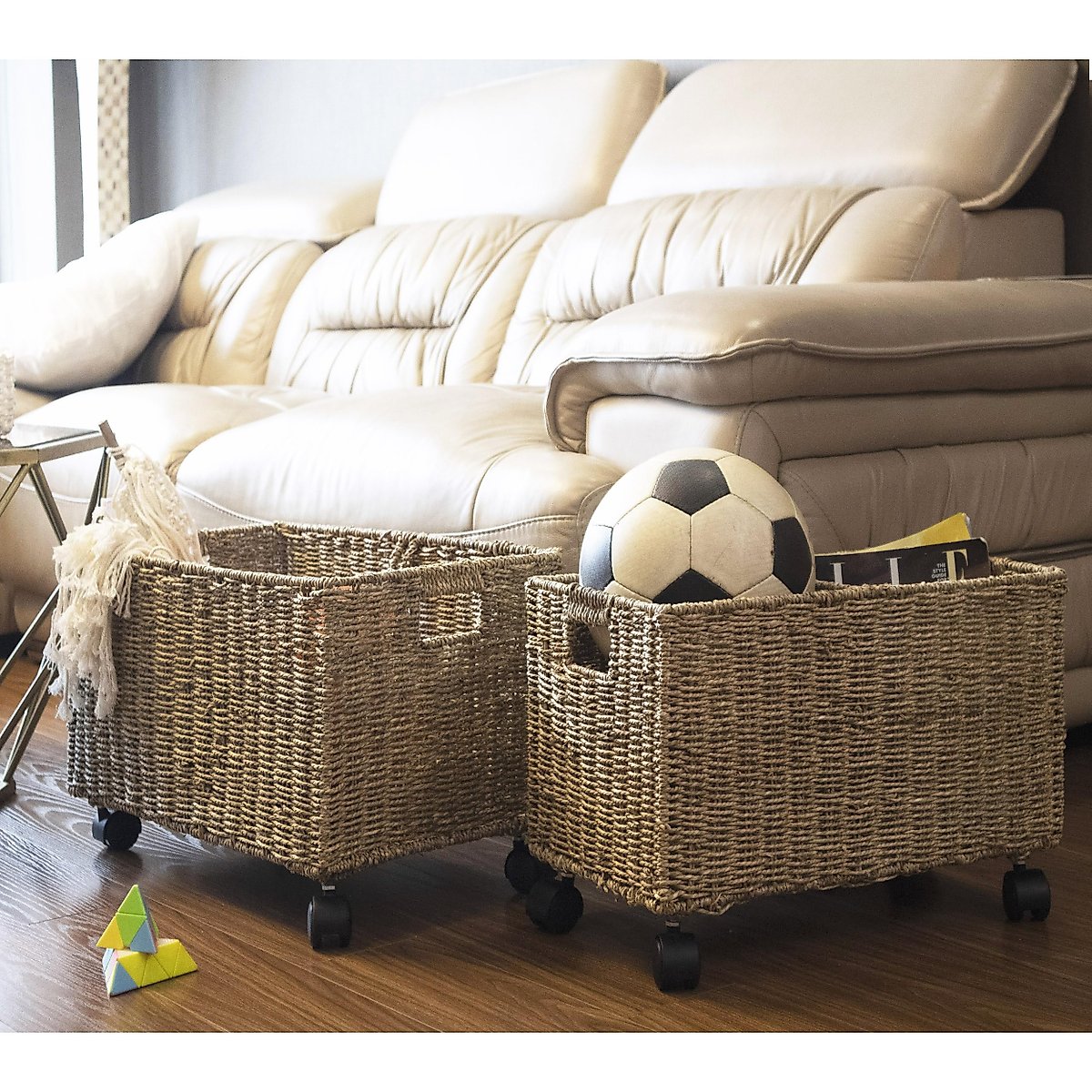 PEMAR Set 2 (different sizes nesting in a set) Natural Wicker Rolling Storage Baskets on Wheels w Insert Handle, Under Table Under Desk Storage Bins, Mobile File Cabinet Organiser. Seagrass