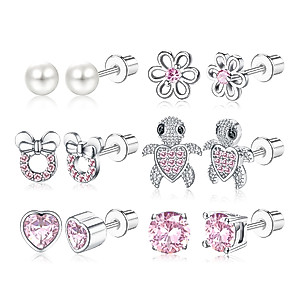 CASSIECA 20G Hypoallergenic Screwback Earrings for Teens Women Stainless Steel CZ Heart Flower Turtle Stud Earrings Jewelry Gift