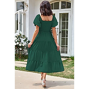 ROYAL MATRIX Women's Summer Short Puffy Sleeve Midi Dress Square Neck Smocked Flowy Tiered Beach Dress Flowy A Line Dress (Dark Green, Medium)