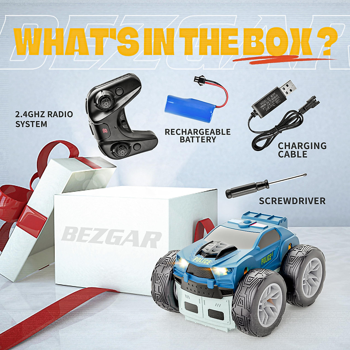 BEZGAR TD201 Remote Control Car-Police&Ambulance Car 2 in 1 Double Sided RC Stunt Car with 360 Flip Spinning Toy Car Vehicle Gifts for Boys Kids