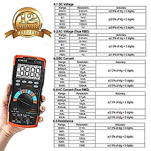 True RMS Digital Multimeter Tester 6000 Counts AC DC 20A Ohmmeter Voltmeter DMM Measure Voltage Current Amp Resistance Diodes Continuity Duty-Cycle Capacitance Temperature (BTMETER BT-770T)