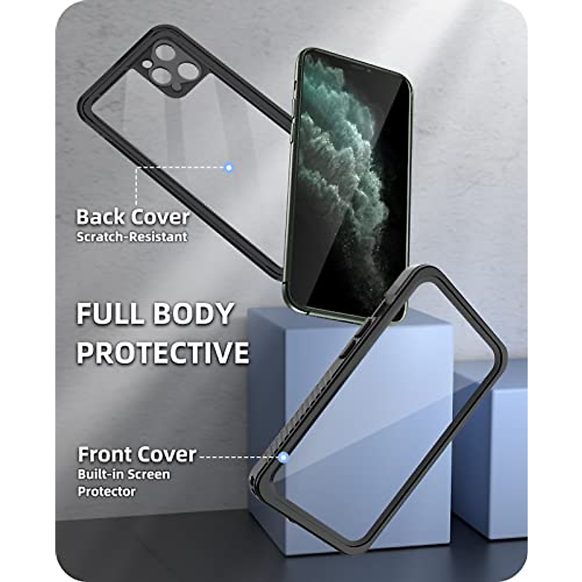 WIFORT iPhone 11 Pro Waterproof Case Built-in Screen Protector Water Resistant Cover Protective Drop Protection Hard, Shockproof Full Body Defender Tough Military Grade - 5.8" Black
