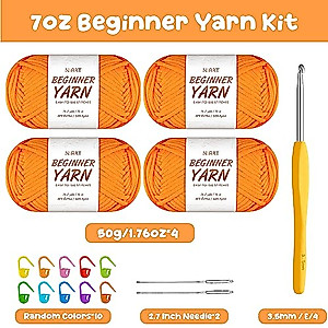 NiArt 4x50g Orange Yarn for Crocheting & Knitting, 4x70m(76.5yds) Cotton-Nylon Blend Yarn Crochet Kit for Beginners with Easy-to-See Stitches, Worsted Medium Beginner Practice Cotton Yarn & Tools Kit