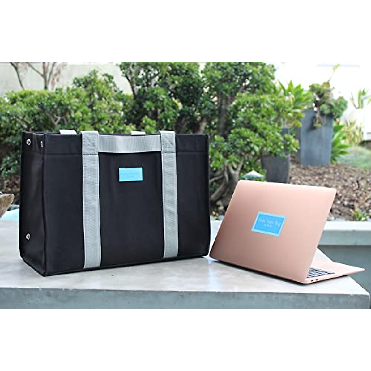 Premium Canvas Tote Bag (16Wx12H x7D) Pancake Mini Folds Flat, Slip-in Pockets, Removable Base, Anti-Theft Pocket