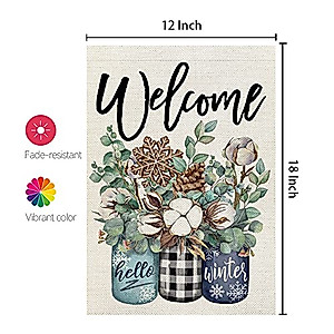 CROWNED BEAUTY Winter Garden Flag Floral Mason Jar 12x18 Inch Small Double Sided Yard Decorative Holiday Seasonal Outside Welcome Burlap Farmhouse Decoration