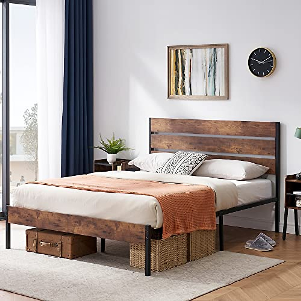 VECELO Platform Full Bed Frame with Rustic Vintage Wood Headboard, Mattress Foundation, Strong Metal Slats Support, No Box Spring Needed